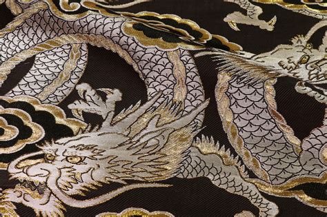 金襕坊日本进口和风布料西阵织金襕织锦缎黑色底大云龙纹 虎窝淘