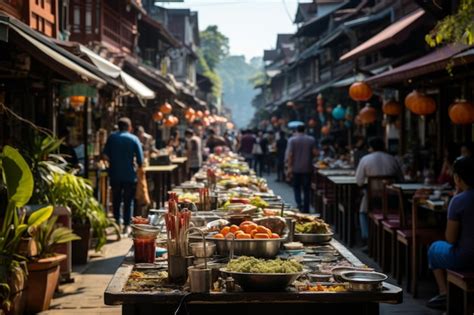 A Vibrant Street Market With Colorful Stalls Shot On Premium Ai