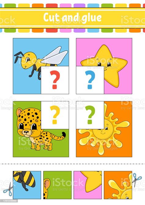잘라 내고 접착제 플래시 카드를 설정합니다 색상 퍼즐 워크시트를 개발하는 교육 활동 페이지입니다 어린이를위한 게임 재미있는 캐릭터 격리된 벡터 그림입니다 만화 스타일 0명에