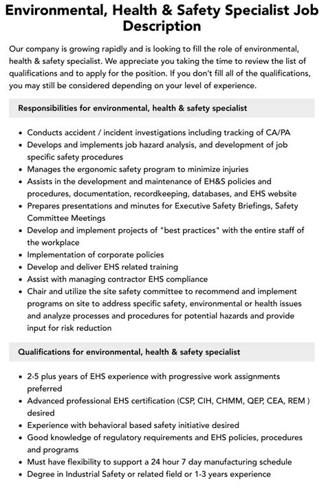 Environmental Health And Safety Specialist Job Description Velvet Jobs