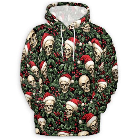 Skull Christmas Hoodie With Santa Hats And Holly Spooky Holiday Design