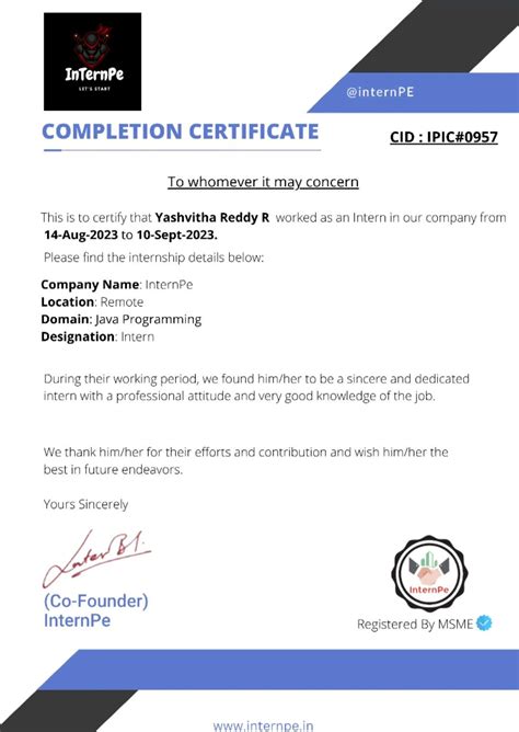 Yashvitha Reddy On Linkedin Intern Java Internpe