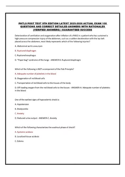 Phtls Post Test 9th Edition Latest Actual Exam 100 Questions And Correct Detailed Answers With