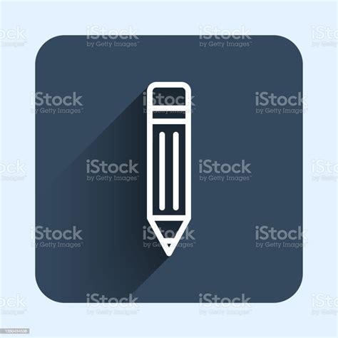 긴 그림자 배경으로 격리 된 지우개 아이콘이있는 흰색 선 연필 드로잉 및 교육 도구 학교 사무실 기호 파란색 정사각형 버튼 벡터
