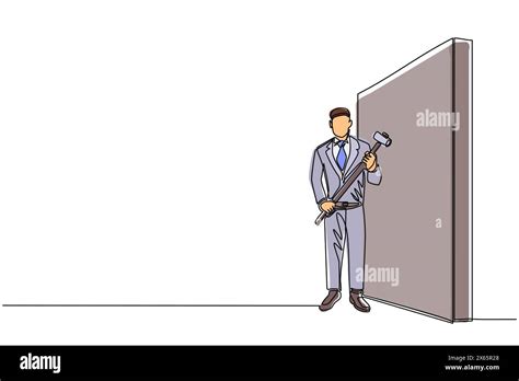 Single One Line Drawing Businessman Standing And Holding Big Hammer