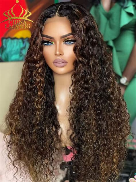 Chinalacewig Brown Highlights Curly Glueless 5x5 Closure Lace Wig Begi