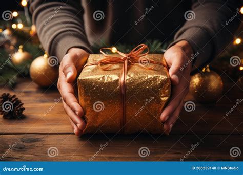 Womans Hands Holding A Box With Christmas Present Wrapping Christmas