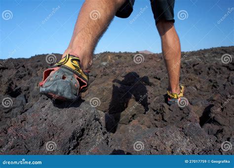 Close Up Of Mans Feet Walking On Lava Field Royalty Free Stock Images