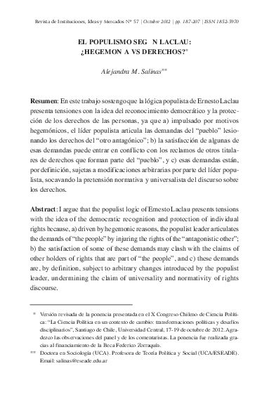 Pdf El Populismo SegÚn Laclau ¿hegemonÍa Vs Derechos