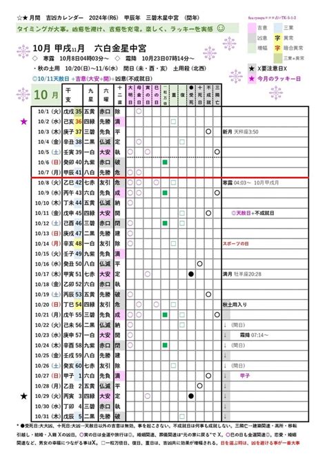 2024年10月 月間吉凶カレンダー 週カン元気予報 開運 占い タロット 九星気学 運気アップ カウンセリング 元気 行動 生き方 En 2024