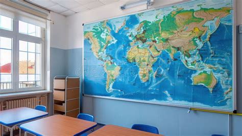 a tidy classroom with a large map of the world hanging on the wall