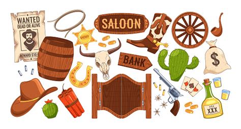 총 선인장 위스키 병 카우보이 모자 수배 포스터 보안관 배지를 포함한 만화 벡터 와일드 웨스트 요소 개척시대의 서부에 대한 스톡 벡터 아트 및 기타 이미지 Istock
