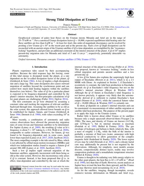 Pdf Strong Tidal Dissipation At Uranus