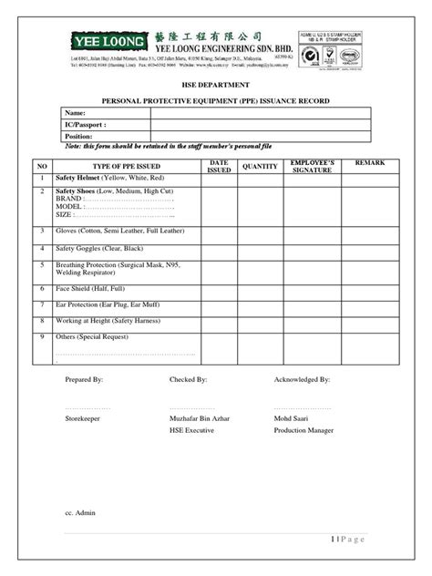 Ppe Issuance Record Form Rev 0 Pdf Pdf Personal Protective