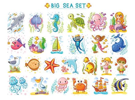 دریایی بزرگ مجموعه ای از تصویر برداری در تم دریایی مجموعه حیوانات دریایی در سبک کارتون تصاویر