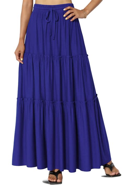 Womens Ruffle Tiered Jersey Drawstring Elastic High Rise A Line Long