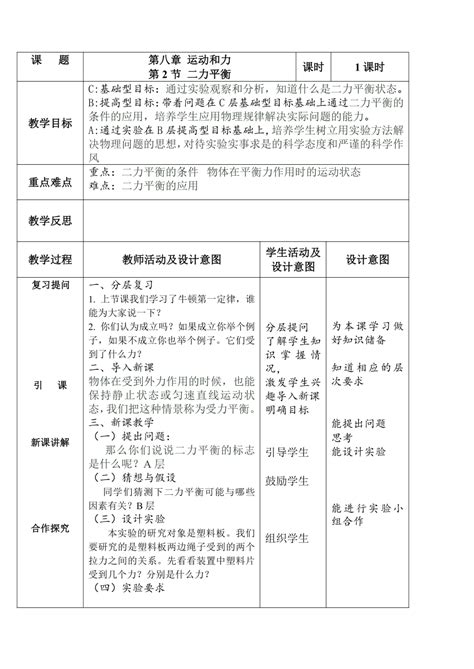 八年级物理人教版下册教学设计：82二力平衡（表格式） 21世纪教育网