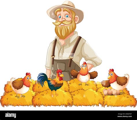 Farmer Surrounded By Chickens And Hay Stock Vector Image And Art Alamy
