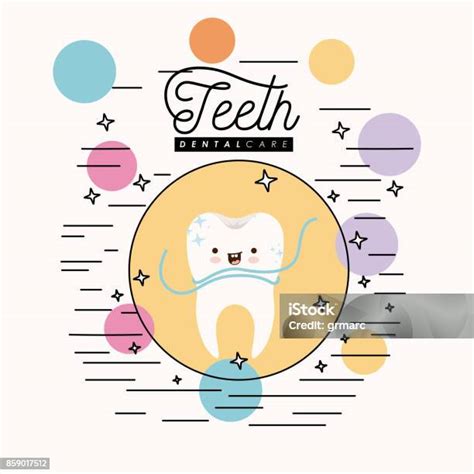 귀여운 캐리 커 처 깨끗 한 치아 치과 치료 치 화려한 거품으로 원형 프레임에 흰색 배경 라인 스타 식 웃 고 개과에 대한 스톡 벡터 아트 및 기타 이미지 Istock