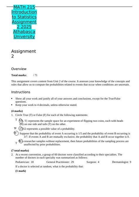 Math 215 Introduction To Statistics Assignment 2 2025 Athabasca University Math 215 Stuvia Us