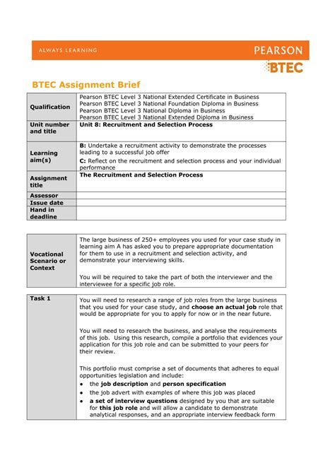 Assignment Brief 2 Unit 8 Learning Aim B And C Unit 8 Recruitment
