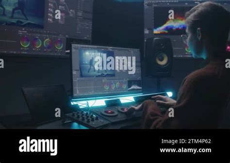 Female Editor Uses Color Grading Control Panel Edits Video Makes