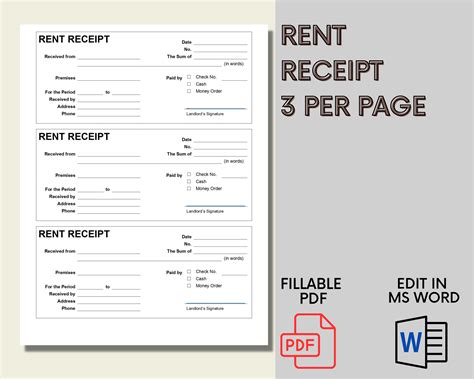 Landlord Rent Receipt Tenant Receipt Rent Payment Receipt Ms Word Editable Template