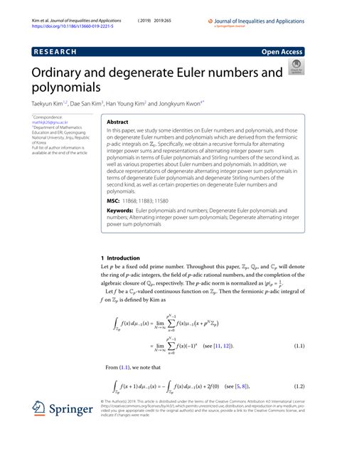 Pdf Ordinary And Degenerate Euler Numbers And Polynomials