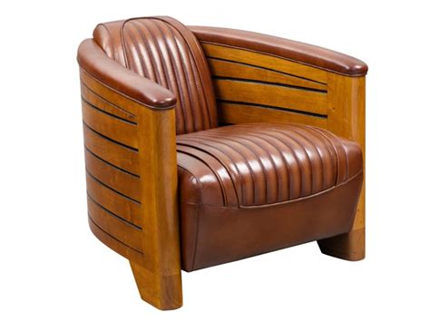 Pirogue Armchair Leather And Wood Armchair With Armrests By De Bejarry