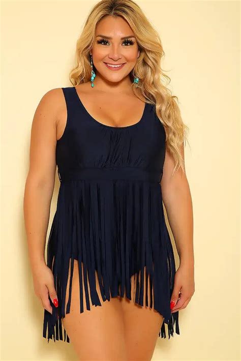 Sexy Navy Fringe Plus Size One Piece Swimsuit Amiclubwear