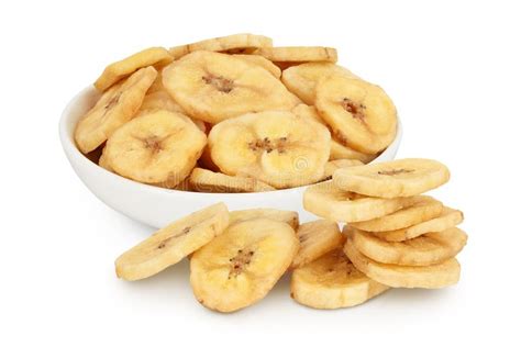 Dried Banana Chips In Ceramic Bowl Isolated On White Background With