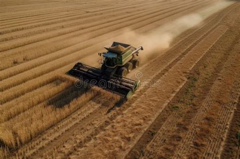 Combine Harvester In Action On Wheat Field Aerial View Generative AI