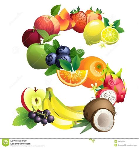 Letra S Integrada Por Diversas Frutas Con Las Hojas Ilustración del
