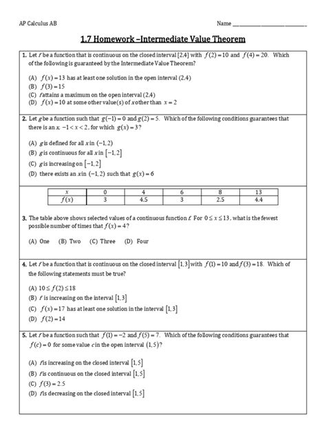 Ap Calculus Ab Intermediate Value Theorem Pdf Mathematical