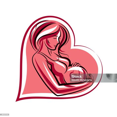 심장 모양 프레임으로 둘러싸인 아름 다운 임신 여성의 몸 실루엣 어머니 그린 벡터 일러스트입니다 행복 하 고 돌보는 테마입니다