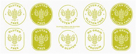 포장 제품을 위한 개념 스탬프 세트입니다 라벨 글루텐 프리 곡물 단백질 무료 평평한 스파이크 아이콘과 날개가있는 둥근 스탬프 해방 자유의 상징 벡터 그룹화 된 요소입니다 0