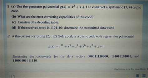 Solved 1 A Use The Generator Polynomial Gx X3 X 1