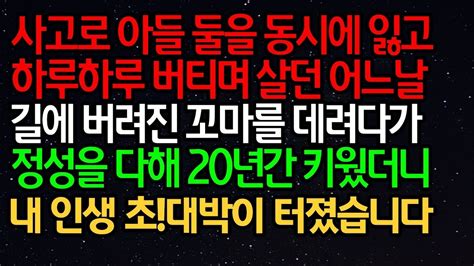 반전신청사연 사고로 아들 둘을 동시에 잃고 하루하루 버티며 살던 어느날 길에 버려진 꼬마를 데려다가 정성을 다해 20년간 키웠더니 내 인생 초대박이 터졌습니다