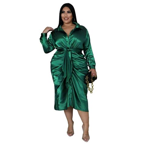 Elegant Satin Plus Size Women Shirt Dress Sexy Ruched Long Sleeve Lace