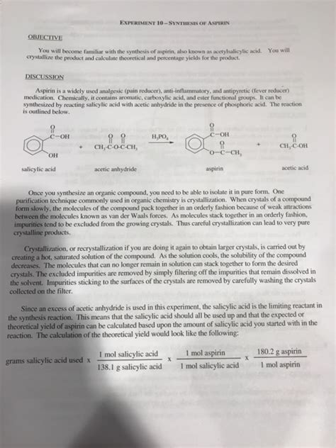 solved experiment 10 synthesis of aspirin objective you