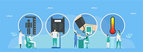 1 차적인 의학 측정은 고도 무게 압력 및 온도를 포함합니다 환자 치료의 워크플로우 작은 스타일의 벡터 그림입니다 계기판 측정기에 대한 스톡 벡터 아트 및 기타 이미지