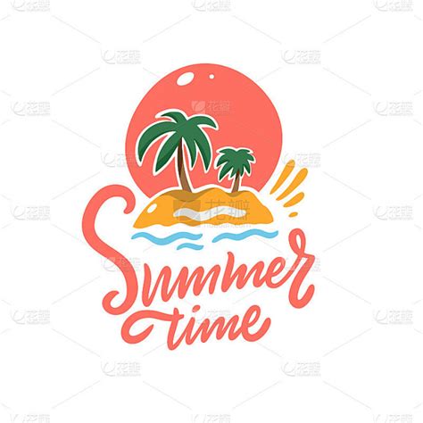 夏天的时间短语和棕榈树日落和沙子五彩缤纷的矢量插图孤立在白色背景上