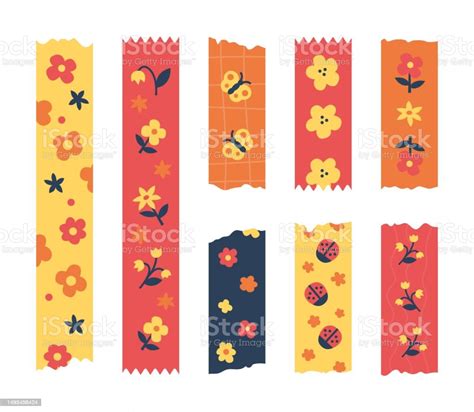 화려한 무늬의 와시 테이프 스트립과 꽃 장식이 있는 덕트 종이 조각의 세트 0명에 대한 스톡 벡터 아트 및 기타 이미지 0명 개체 그룹 건강관리와 의술 Istock