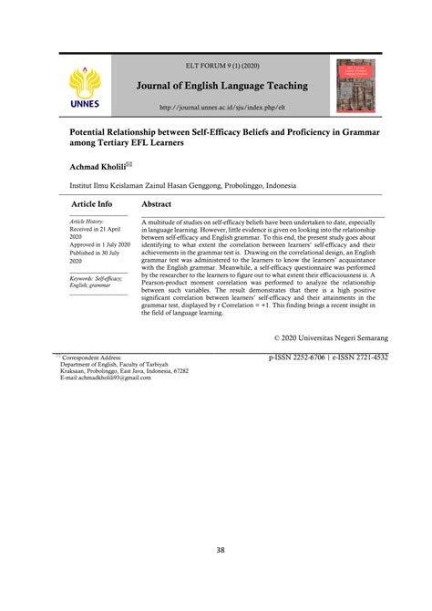Pdf Potential Relationship Between Self Efficacy Beliefs And Proficiency In Grammar Among