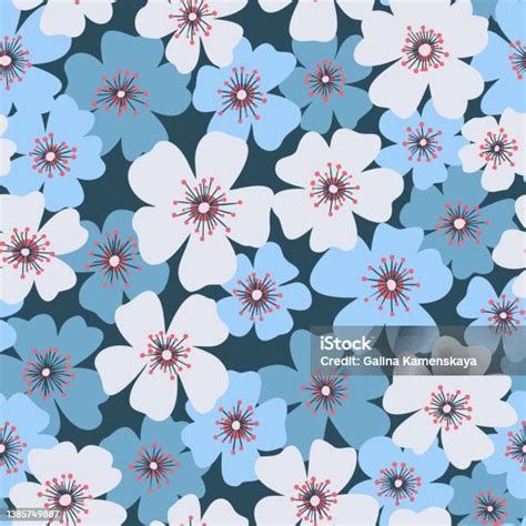 만화 스타일의 꽃 원활한 패턴 야생화로 만든 Ditsy 식물 배경 심플한 초원 꽃 봉오리와 여름 모티브 트렌디 한 플랫 일러스트