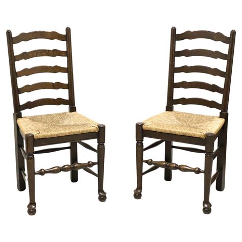 Pair Of Solid Oak Rush Seat Ladder Back Dining Room Armchairs For Sale