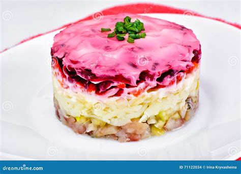 Russian Shuba Salad With Beetroot Potatoes Carrots And Herring Stock