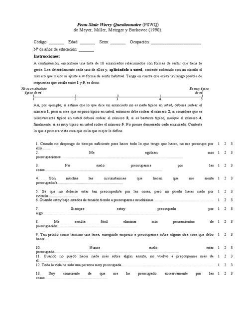 Penn State Worry Questionnaire Pdf
