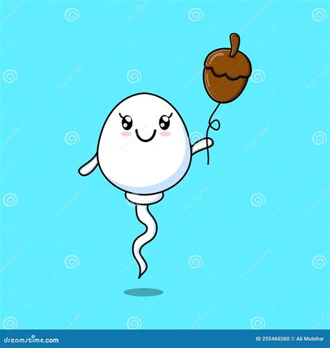 Cute Cartoon Sperm Floating With Acorn Balloon Stock Vector