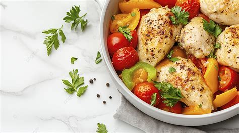Baked Chicken With Peppers And Tomatoes In A Pot On A Marble Table